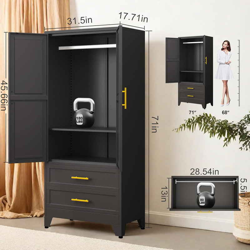 Mercer41 Melbreak Metal Modern Freestanding Wardrobe Armoire With Hanging Rod And Drawers | Wayfair